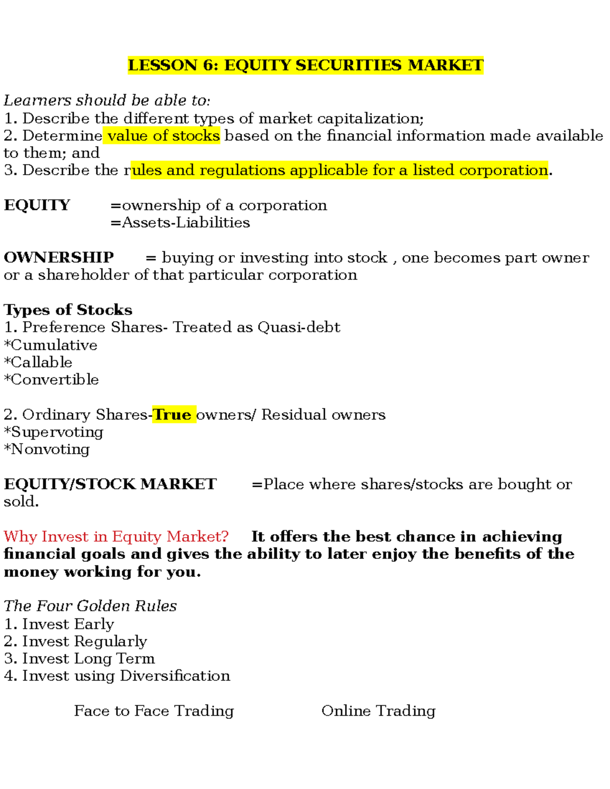 Lesson 6 Equity Securities Market - LESSON 6: EQUITY SECURITIES MARKET ...