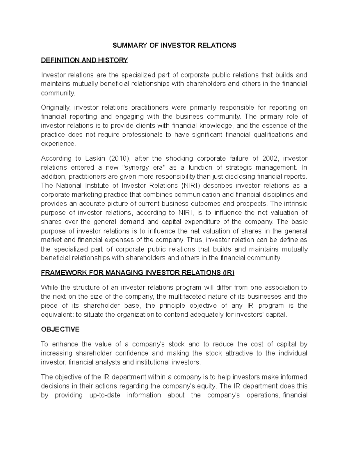 Summary OF Investor Relations - SUMMARY OF INVESTOR RELATIONS ...