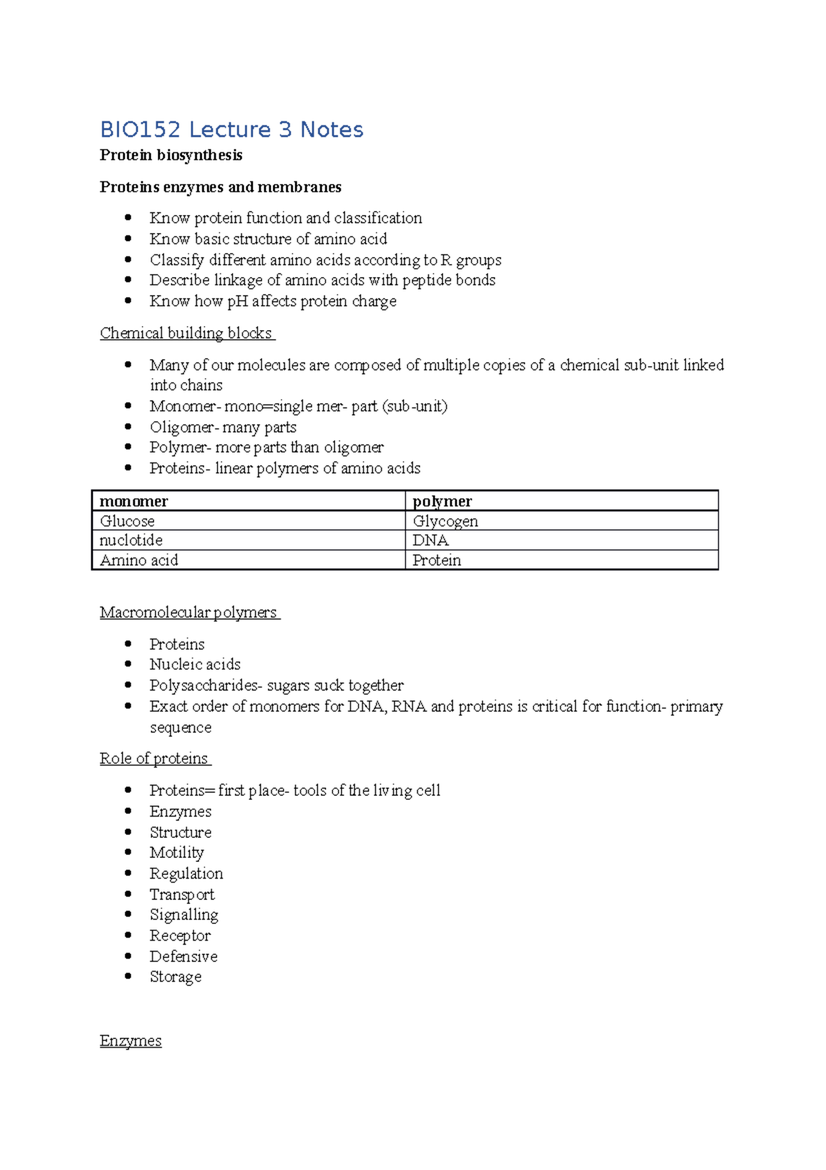 Lecture 3 notes - The Cell - BIO152 Lecture 3 Notes Protein ...