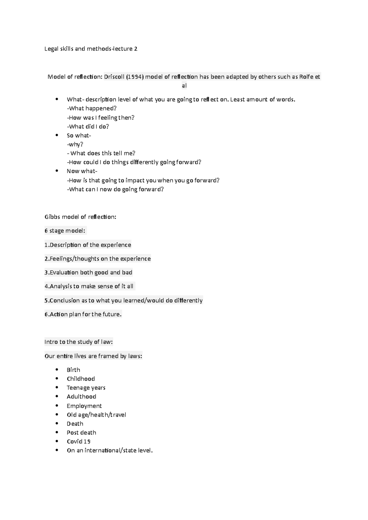 Legal skills and methods lecture 2 - Legal skills and methods-lecture 2 Model of reflection ...