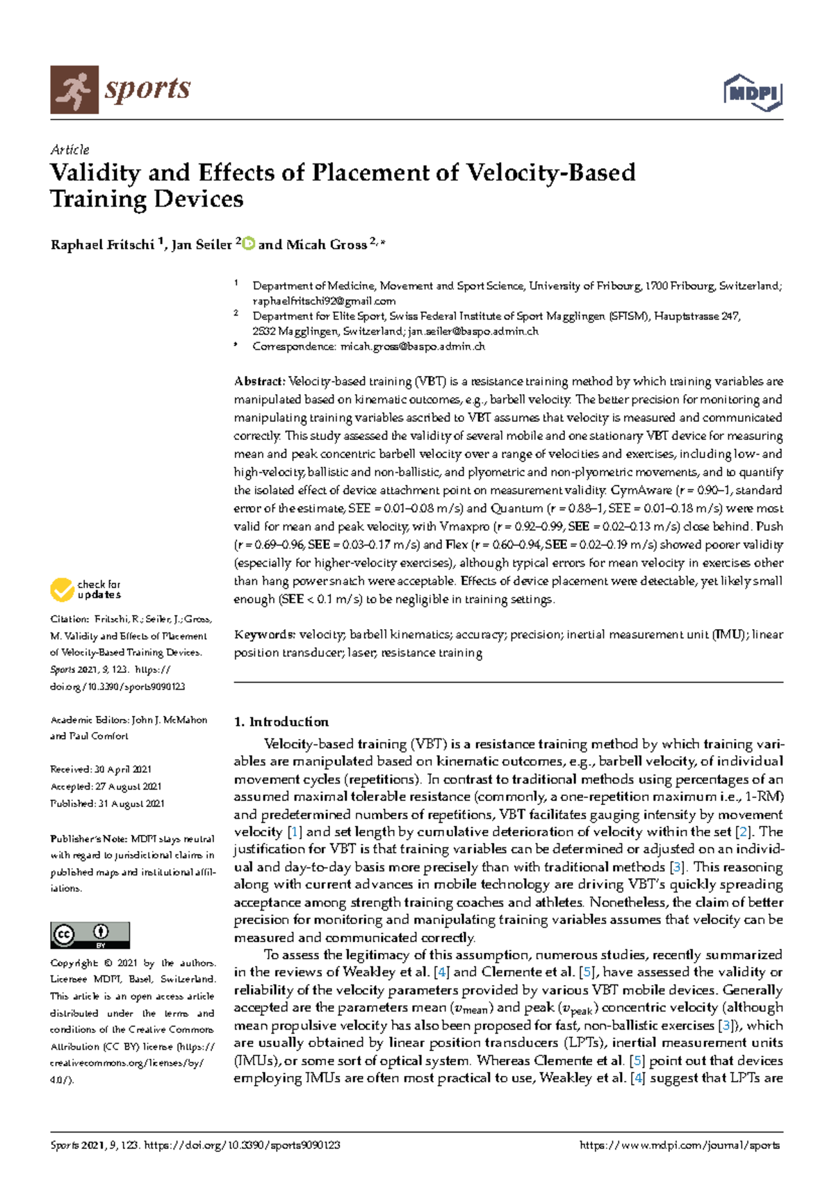Validity and Effects of Placement of Velocity Based Training Devices ...