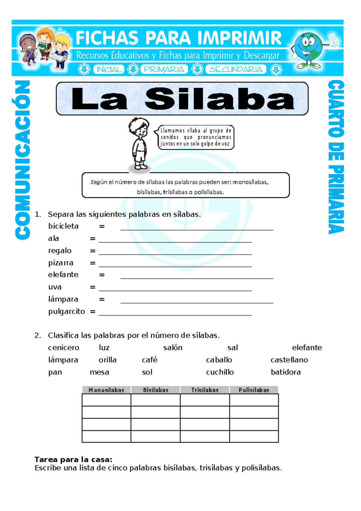 Ficha Clasificacion de las Silabas para Cuarto de Primaria - L la m a m ...