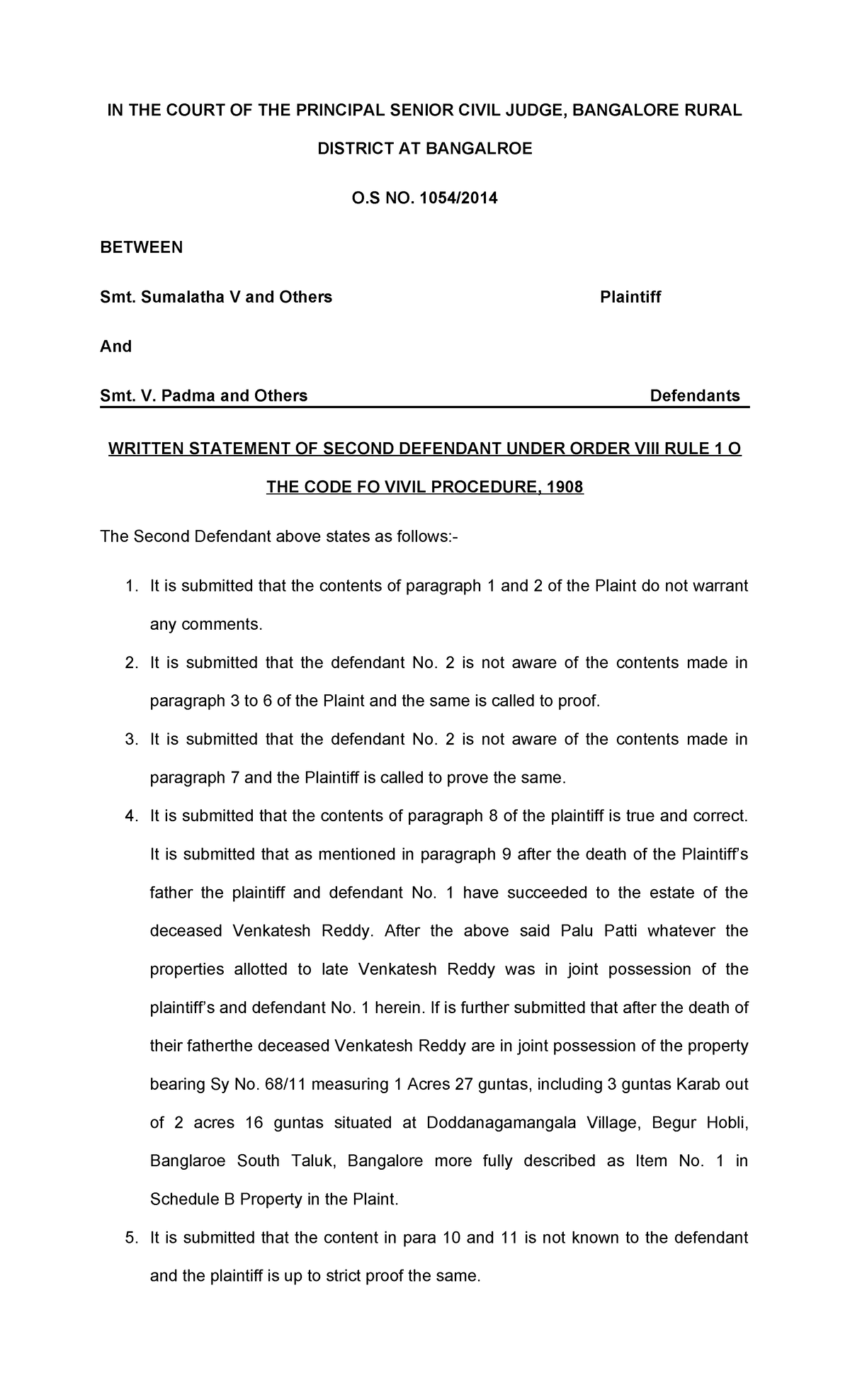 Written Submission - IN THE COURT OF THE PRINCIPAL SENIOR CIVIL JUDGE ...