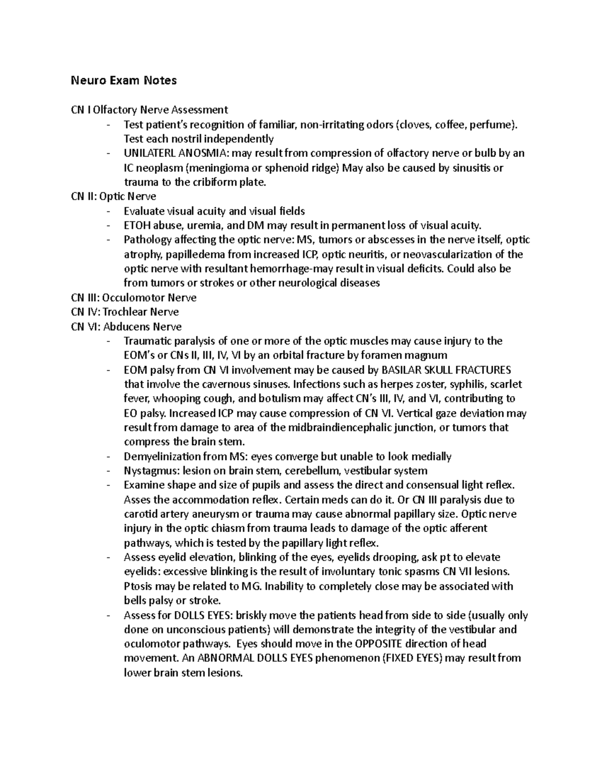 Neuro Exam Notes Exam 3 - Neuro Exam Notes CN I Olfactory Nerve ...