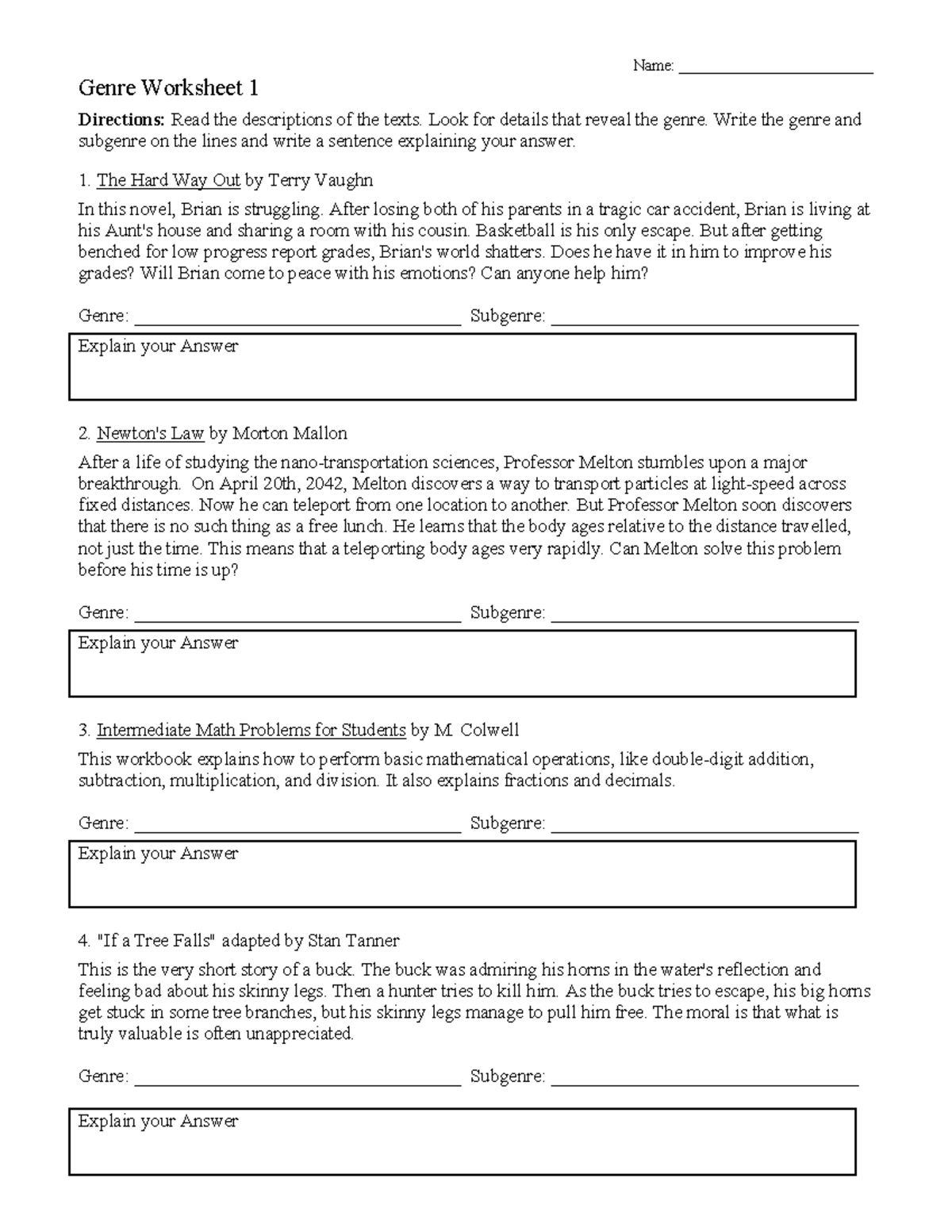 Genre-worksheet-01 for english - Name: _________________________ Genre ...