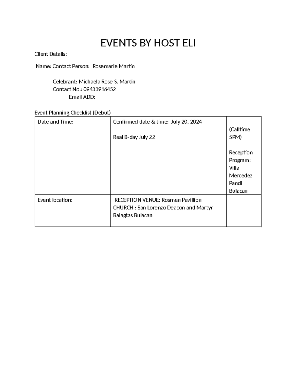 Events BY HOST ELI - EVENTS BY HOST ELI Client Details: Name: Contact Person: Rosemarie Martin ...