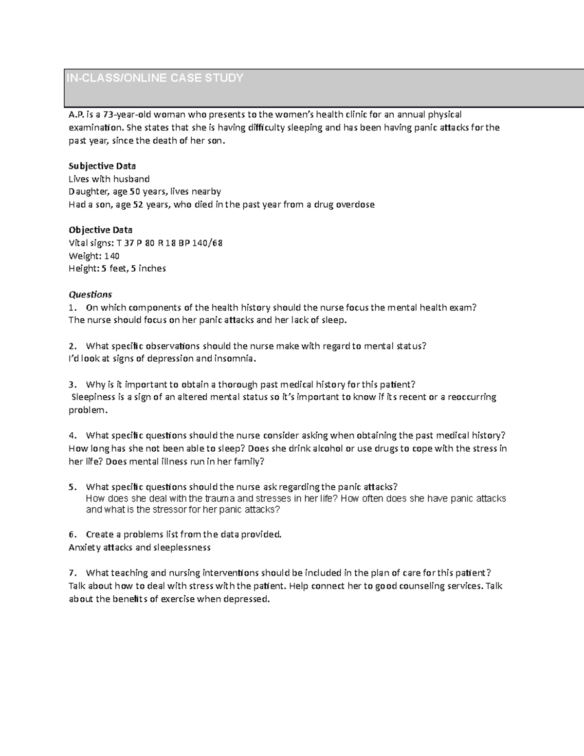 CH 5 Case study student - IN-CLASS/ONLINE CASE STUDY A. is a 73-year ...