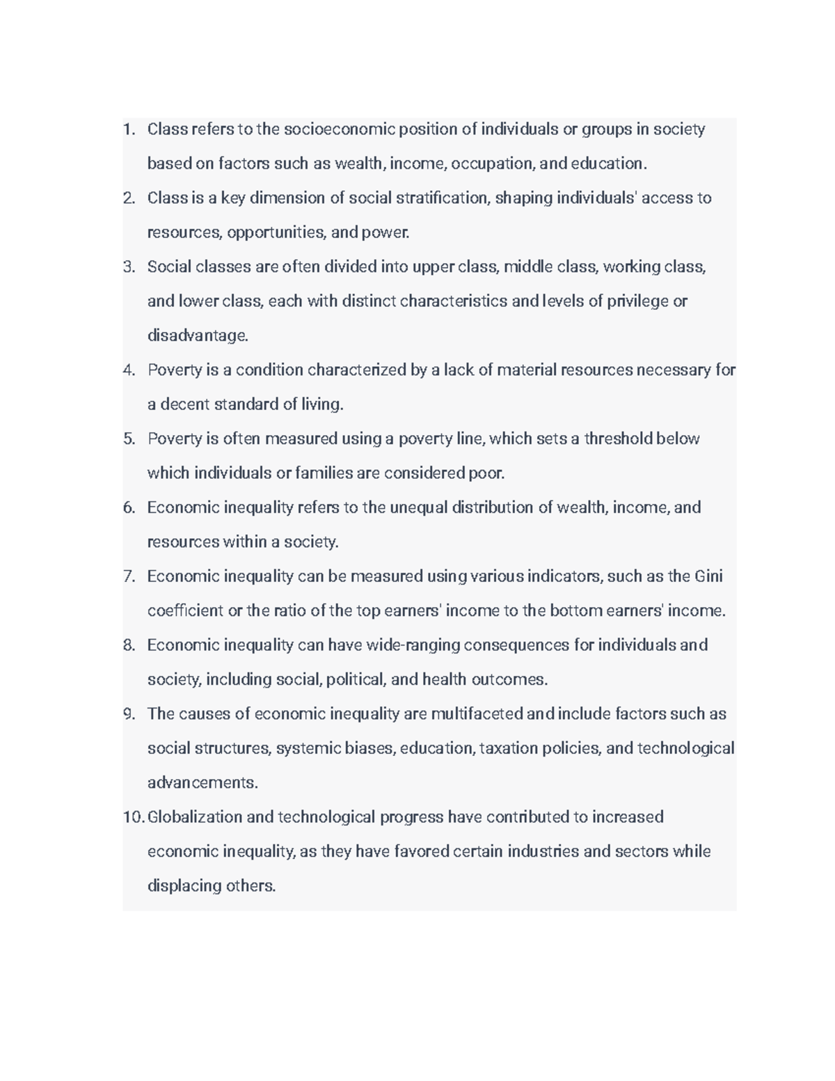 Class, poverty, and economic inequality Notes - Class refers to the ...