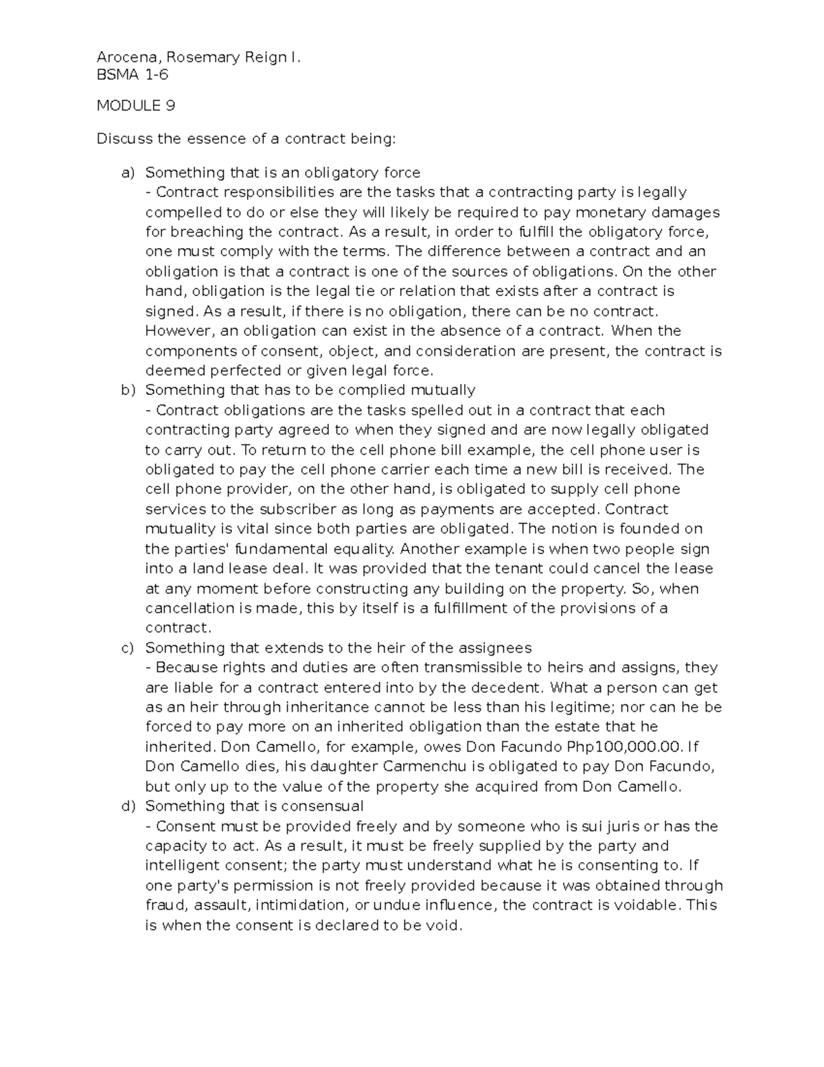 Module 9 - OBLICON NOTES - Arocena, Rosemary Reign I. BSMA 1- MODULE 9 ...