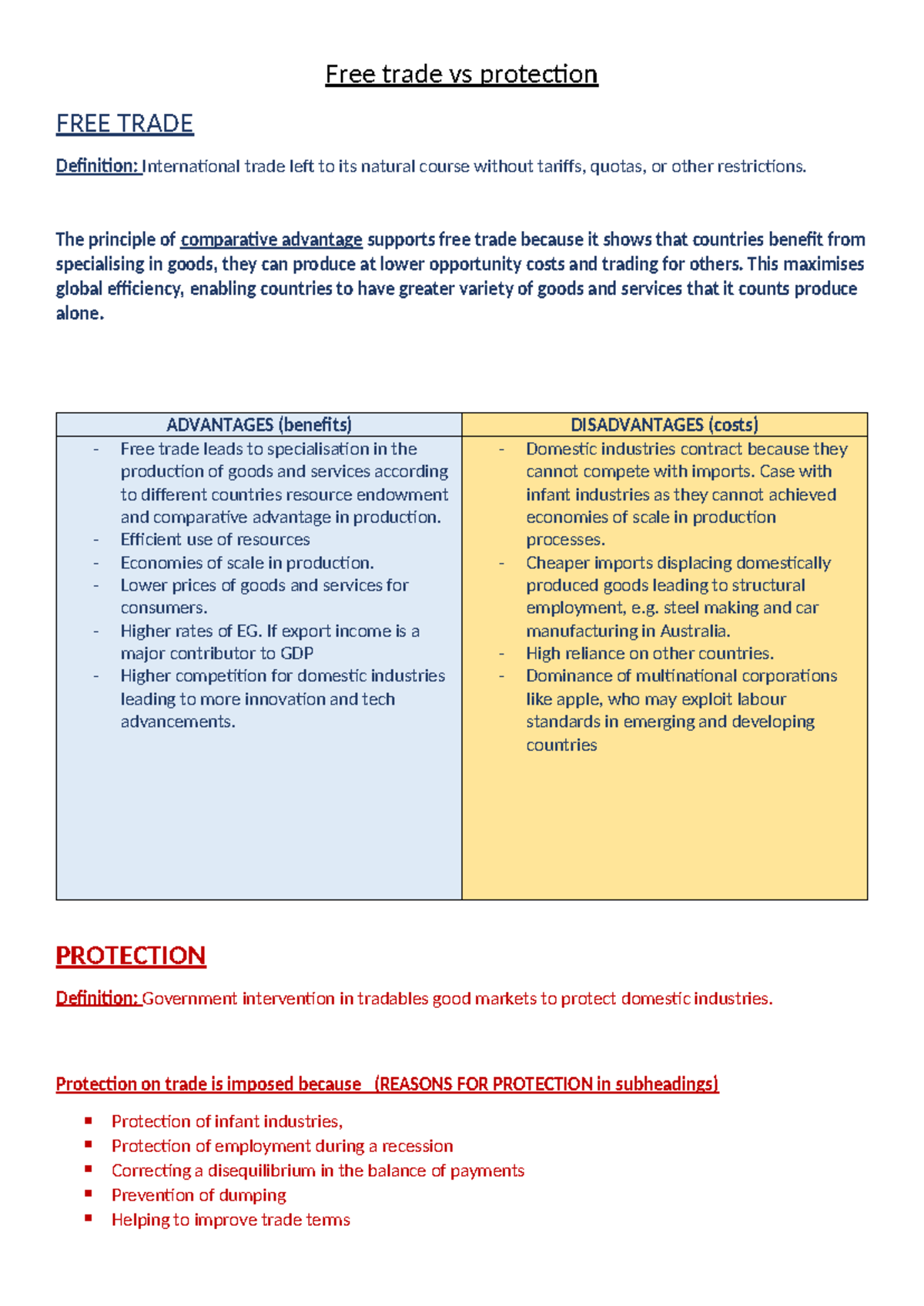 FT vs Protection doc - erwe - Free trade vs protection FREE TRADE ...