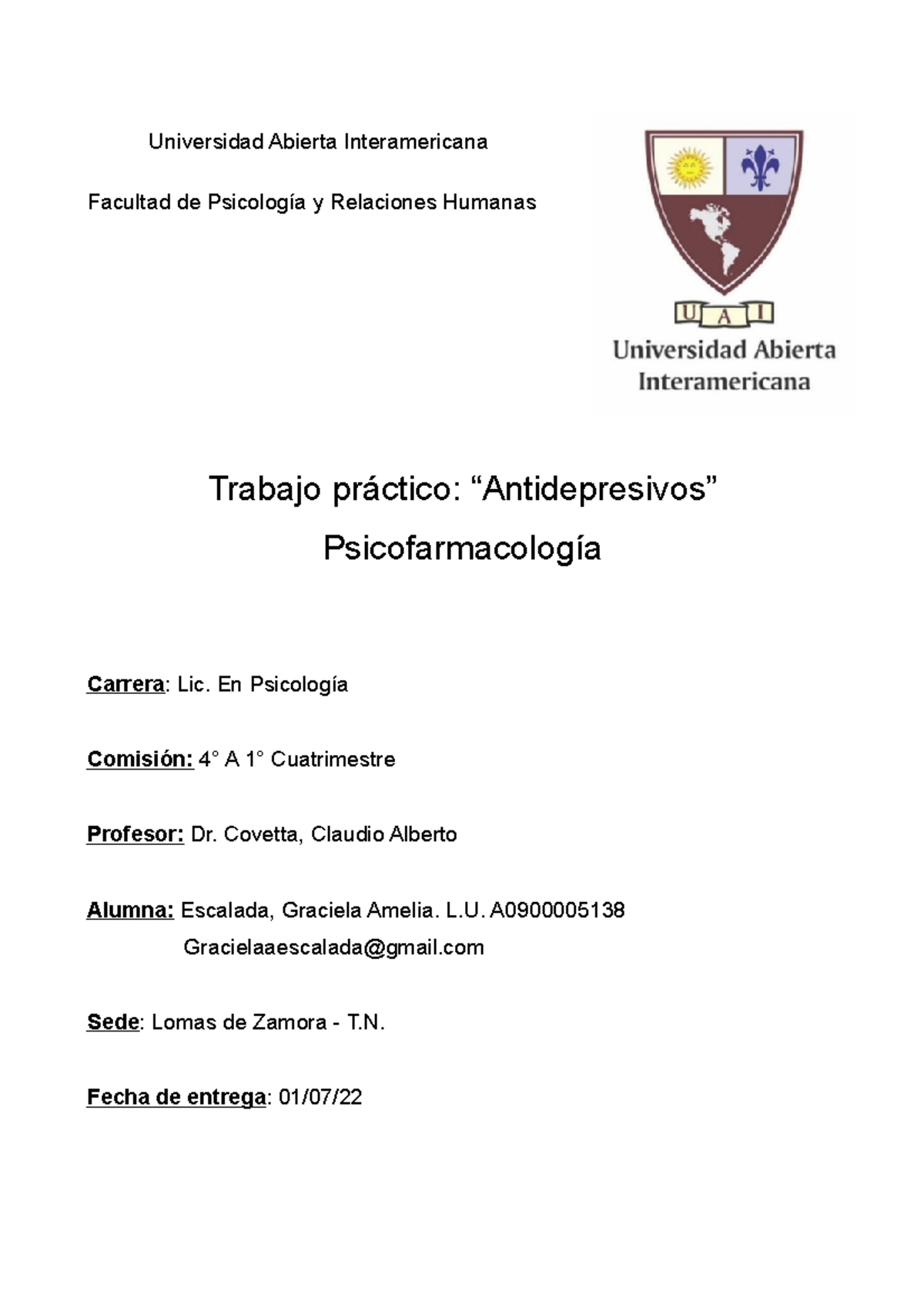 Trabajo practico Antidepresivos - Universidad Abierta Interamericana Facultad de Psicología y ...