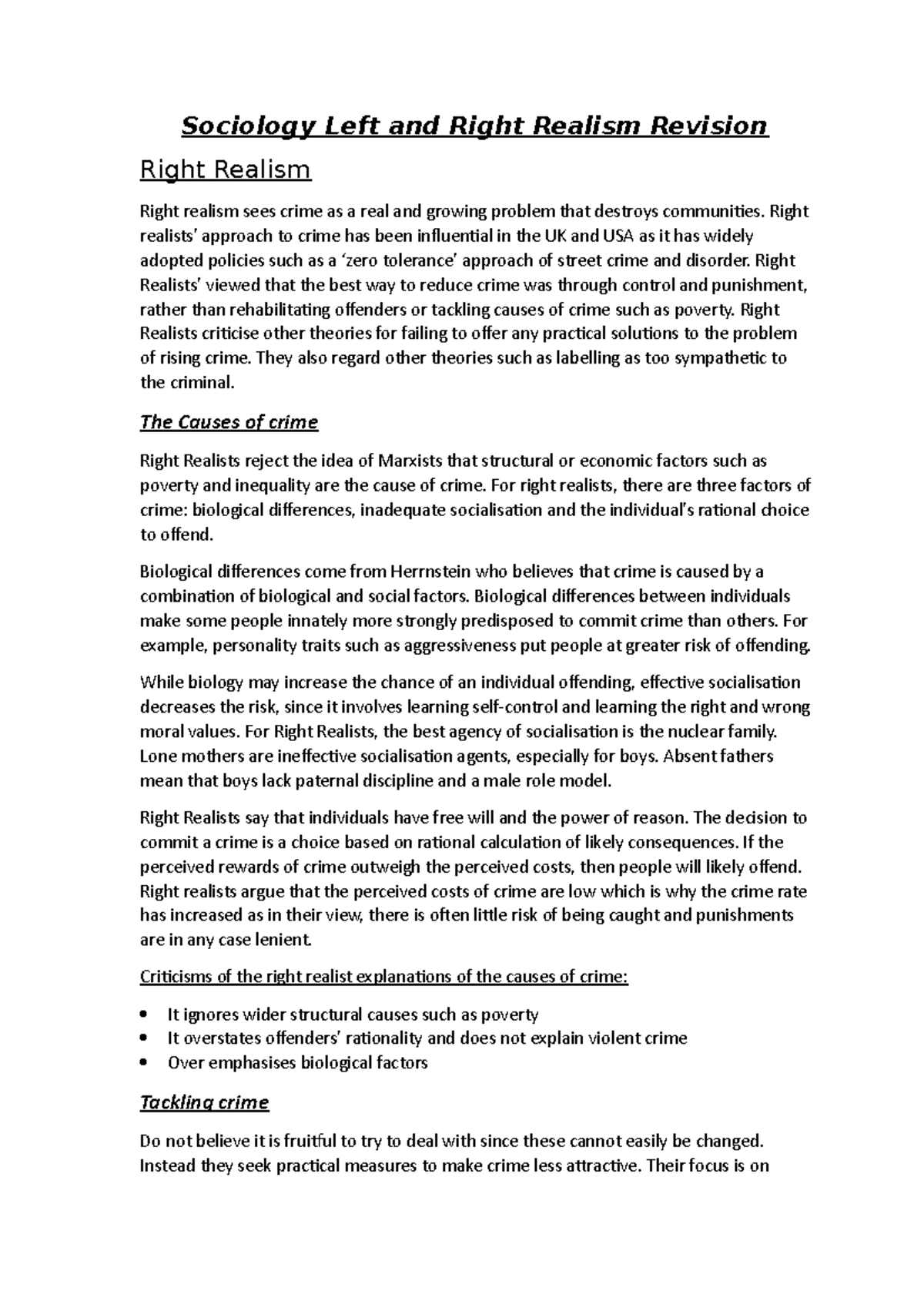 Left and right realism revision - Sociology Left and Right Realism ...
