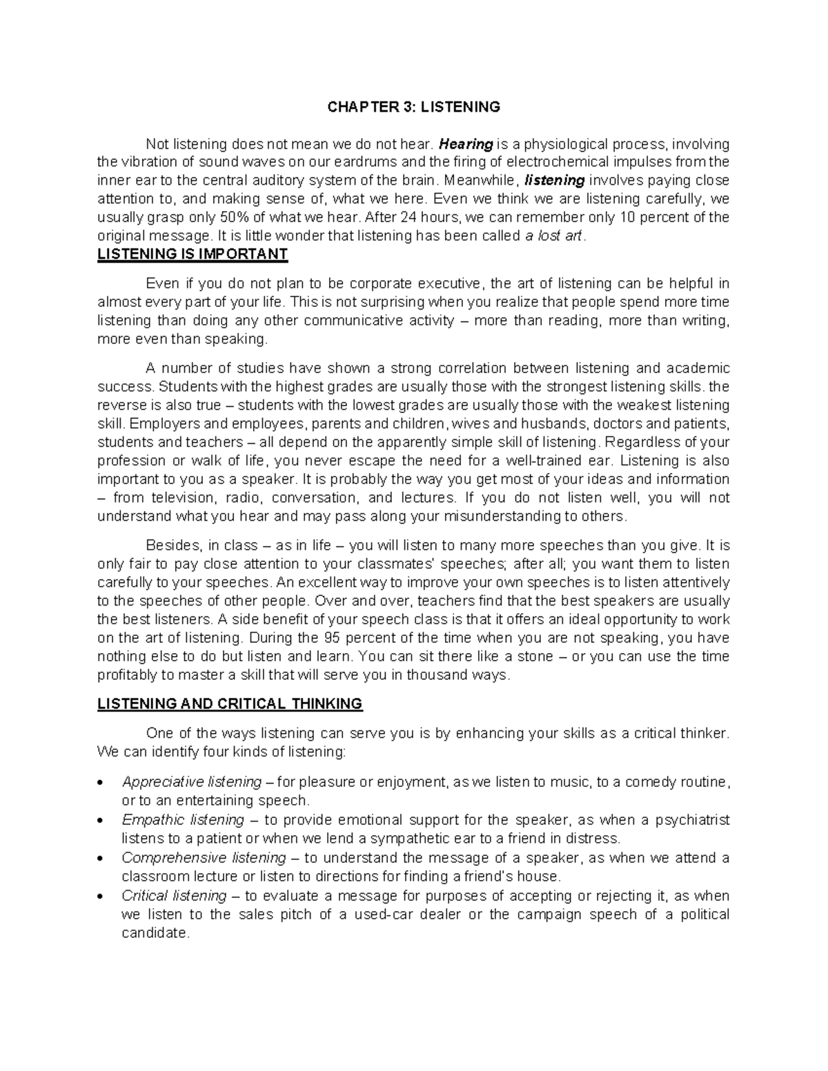 PSP Handout 3 Chapter 3 pdf - CHAPTER 3: LISTENING Not listening does ...
