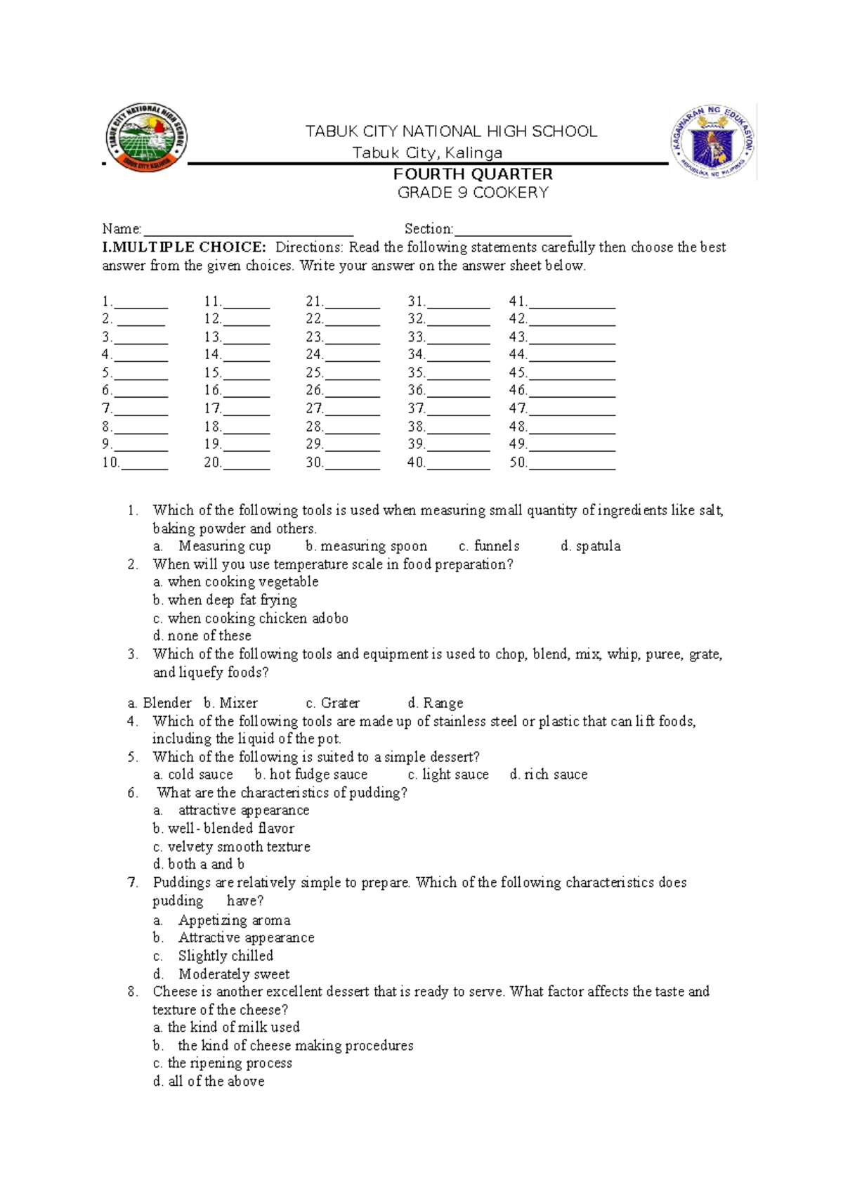 Final exam cookery - TABUK CITY NATIONAL HIGH SCHOOL Tabuk City ...