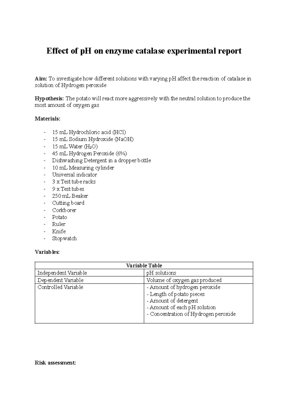 Effect of pH on enzyme catalase - Place the potato on a chopping board ...