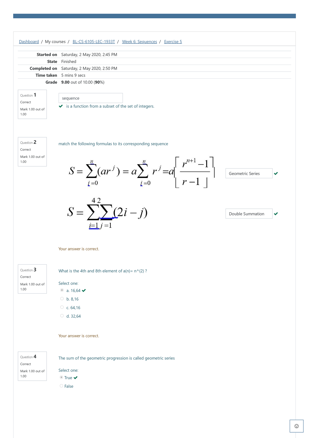 Exercise 5 Attempt review - Dashboard / My courses / BL-CS-6105-LEC ...
