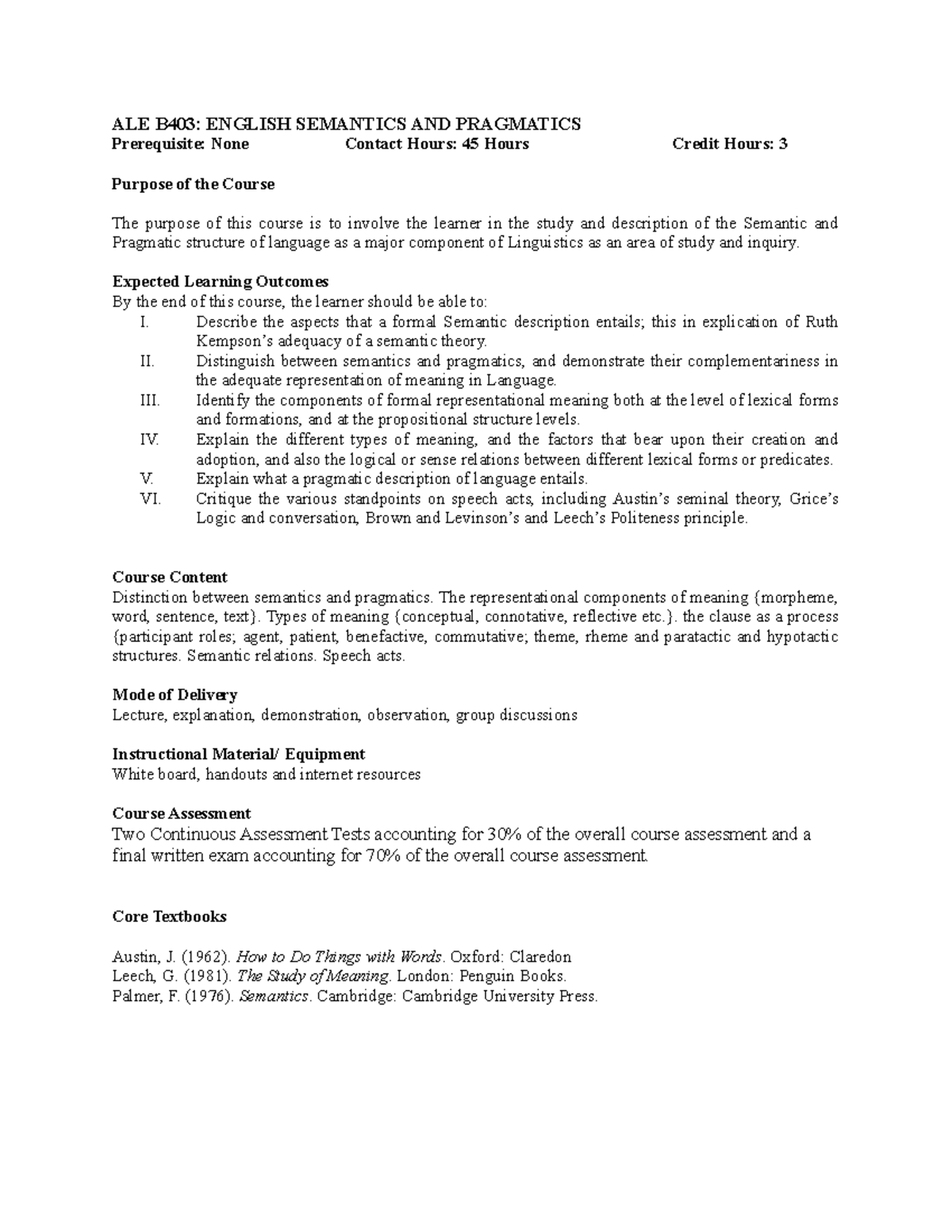 ALE B405 Course Outline - ALE B403: ENGLISH SEMANTICS AND PRAGMATICS ...