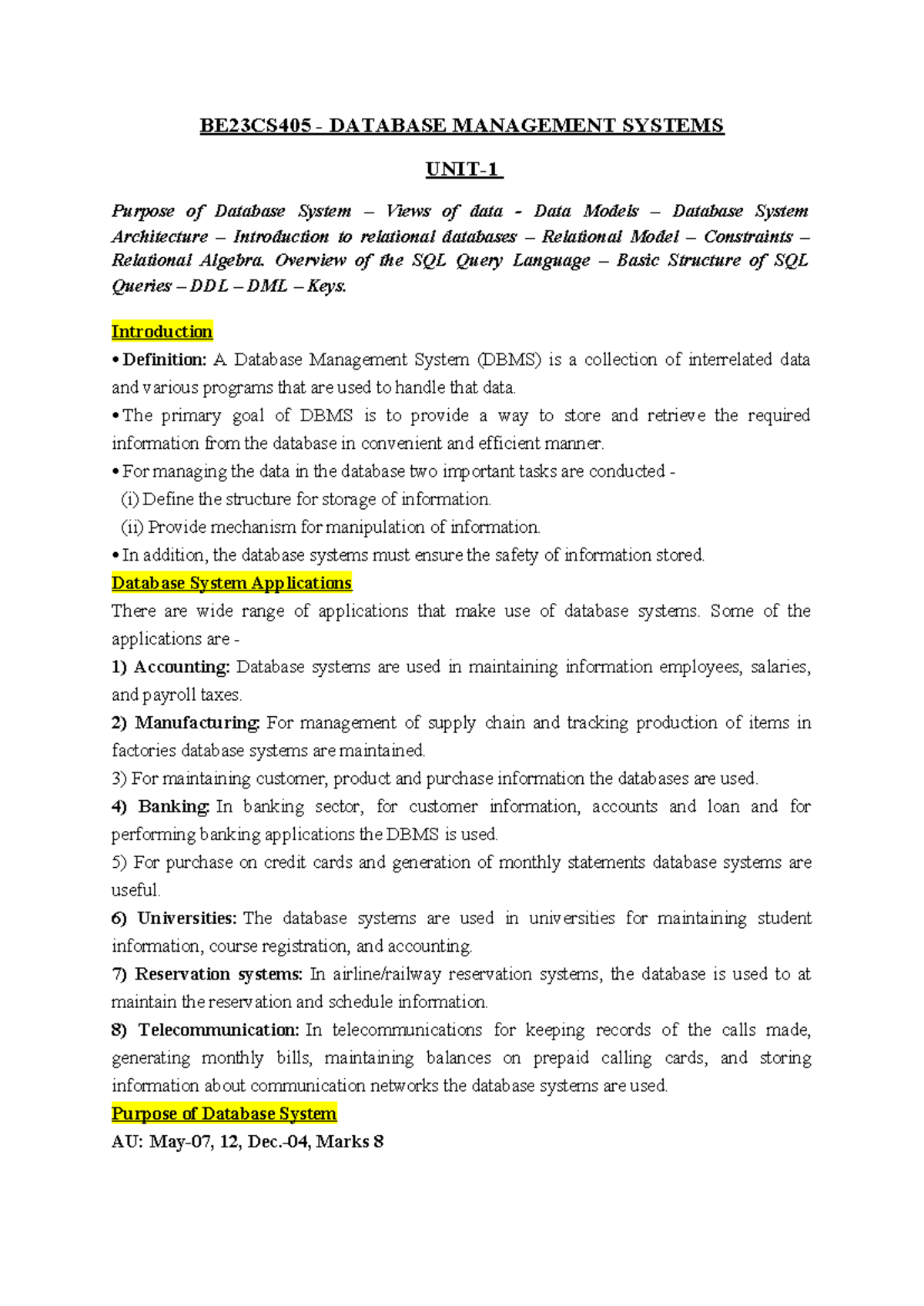 Database Management System Unit 1 Be23cs405 Database Management