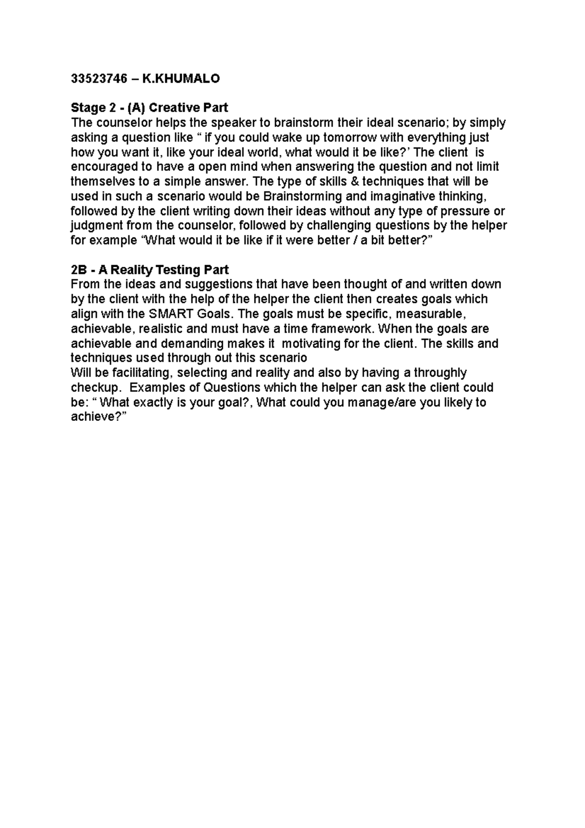 Psyc 321 - Section 2 - 33523746 – K Stage 2 - (A) Creative Part The ...