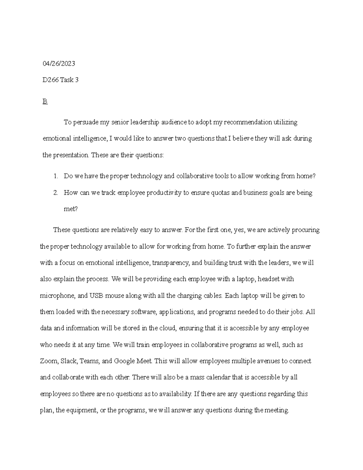 D263 Task 3 B - Passed first attempt, no revisions needed - 04/26/ D266 ...