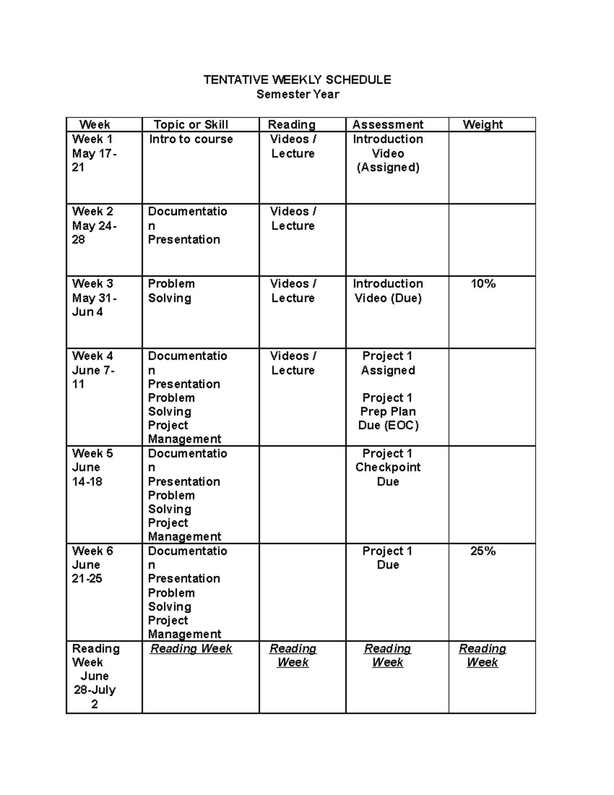Tentative Weekly Schedule Summer 2021 - TENTATIVE WEEKLY SCHEDULE ...