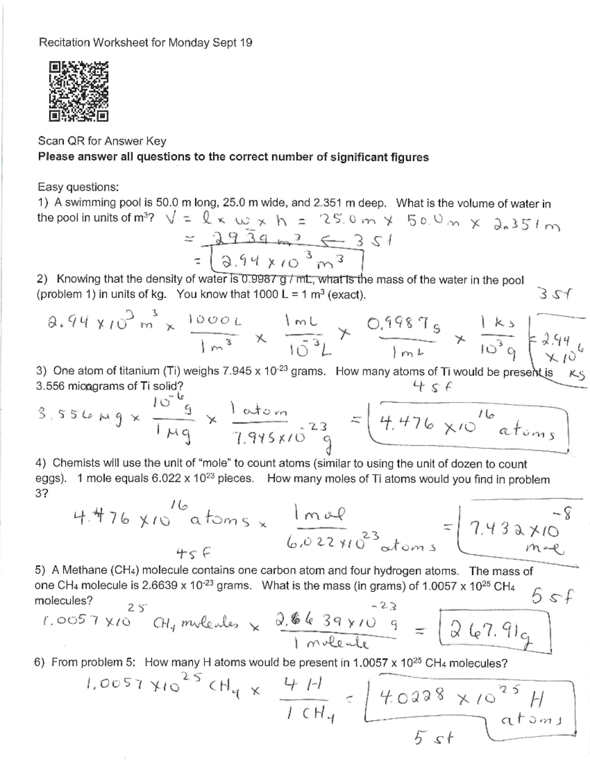 Key from Monday Sept 19 - problems on simple unit conversions, molar ...