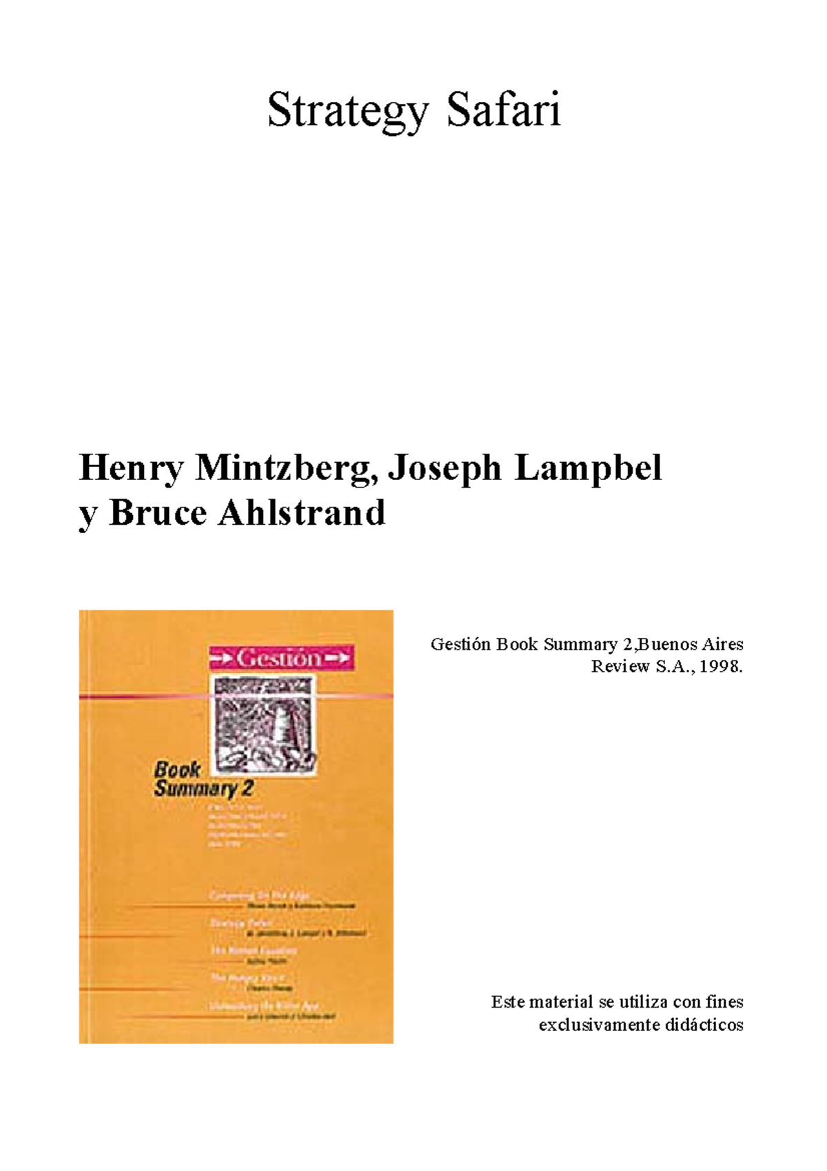 Strategy Safari Mintzberg clase Nº1 - Strategy Safari Henry Mintzberg ...