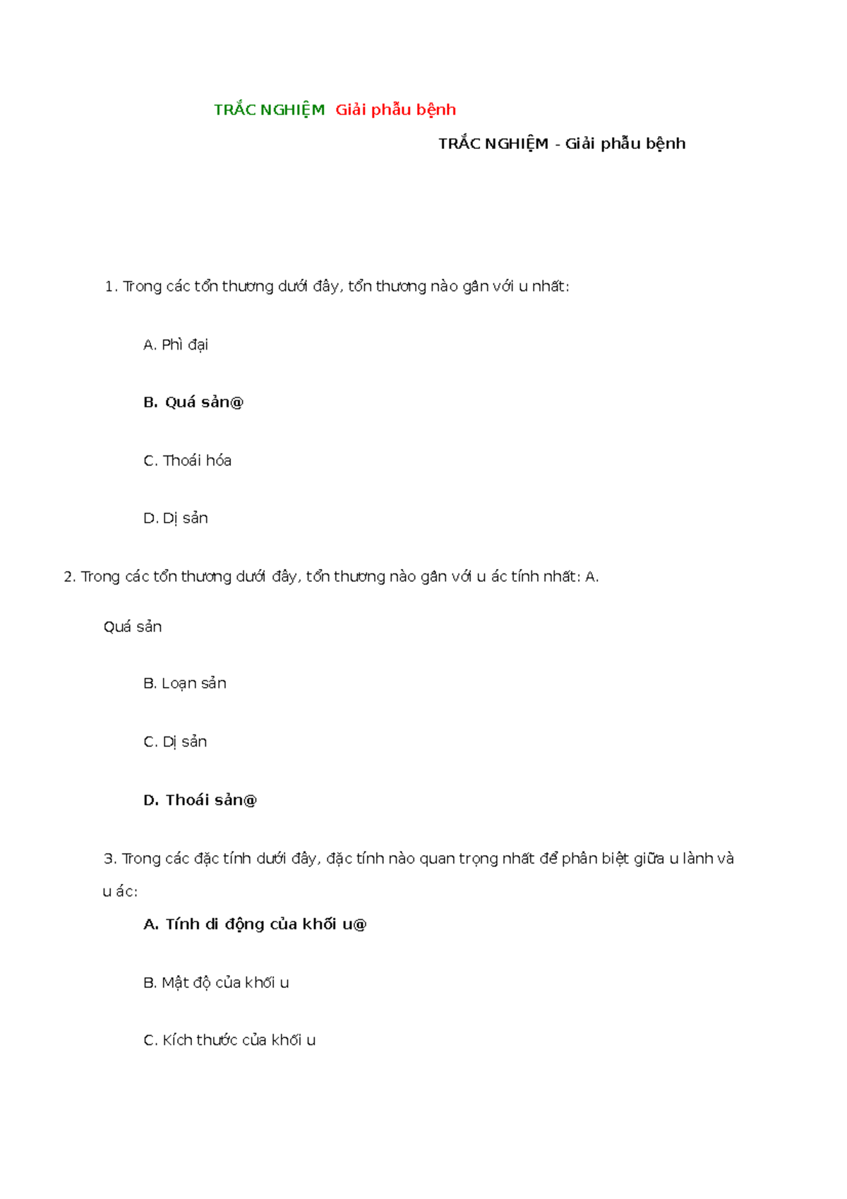 TRẮC NGHIỆM - fdgg - TRẮC NGHIỆM Giải phẫu bệnh TRẮC NGHIỆM - Giải phẫu ...