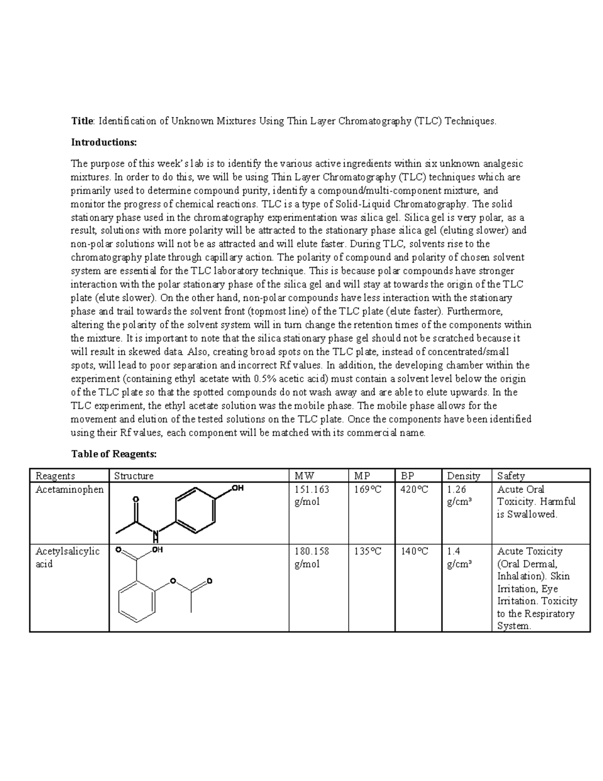 TLC - Lab report - Jaylen Spellman-Reliford Jts Title: Identification ...