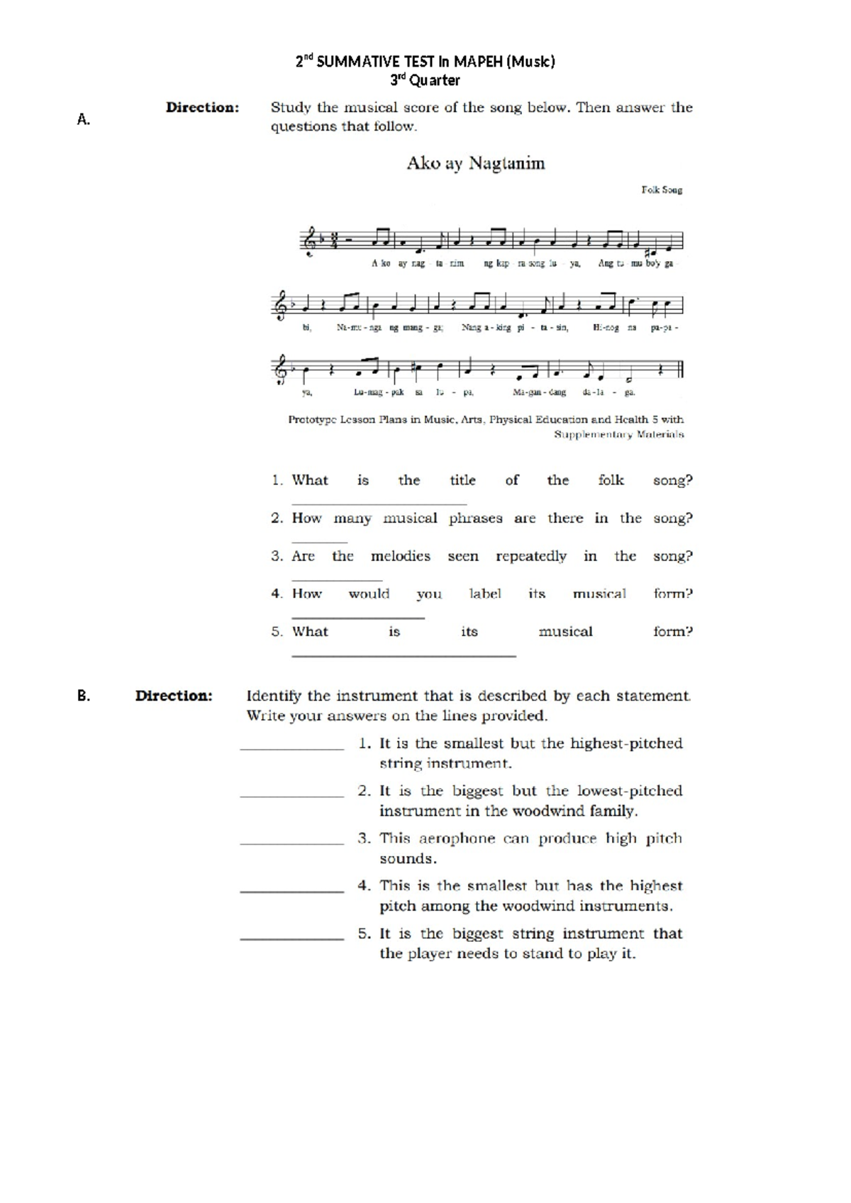 Music #2 - Sample Summative Test - Bachelor of Elementary Education - 2 ...