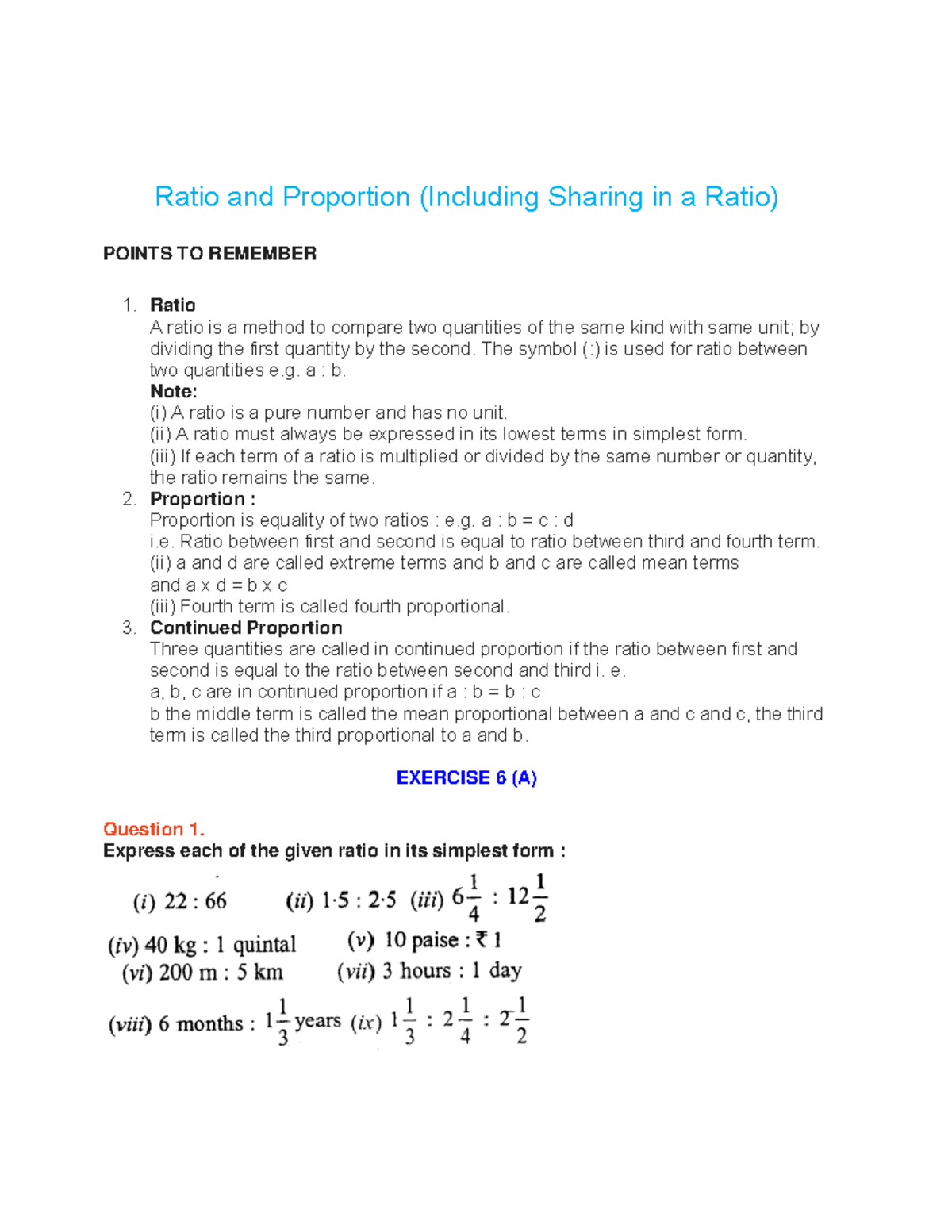 Ratio and Proportion (Including Sharing in a Ratio ...
