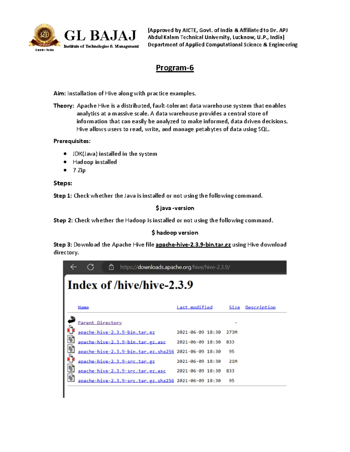 6-10 BDA Lab Practical - Greater Noida GL BAJAJ Institute of Technologies & Management Abdul ...