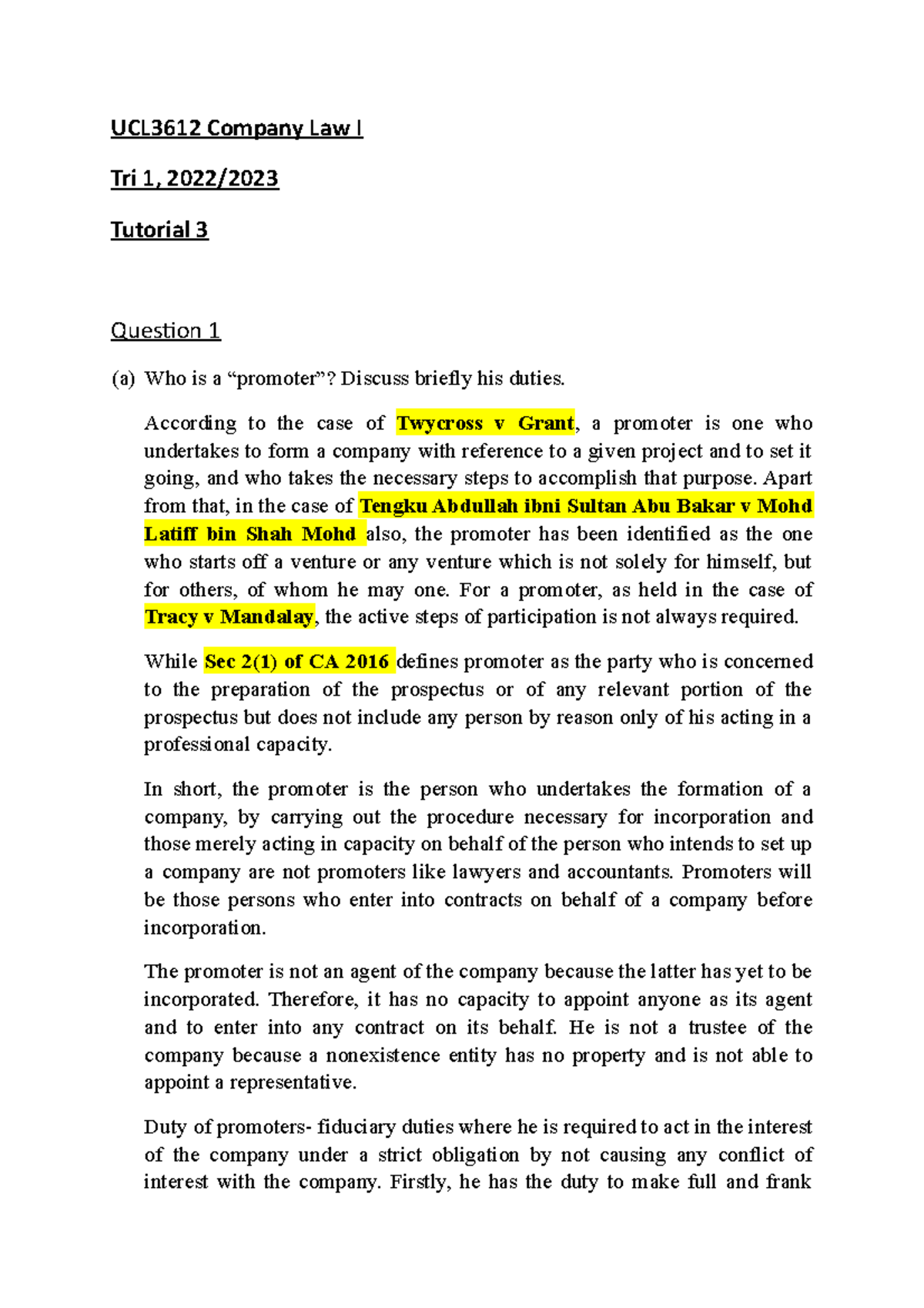 Company Law - Tutorial 3 - UCL3612 Company Law I Tri 1, 2022/ Tutorial ...