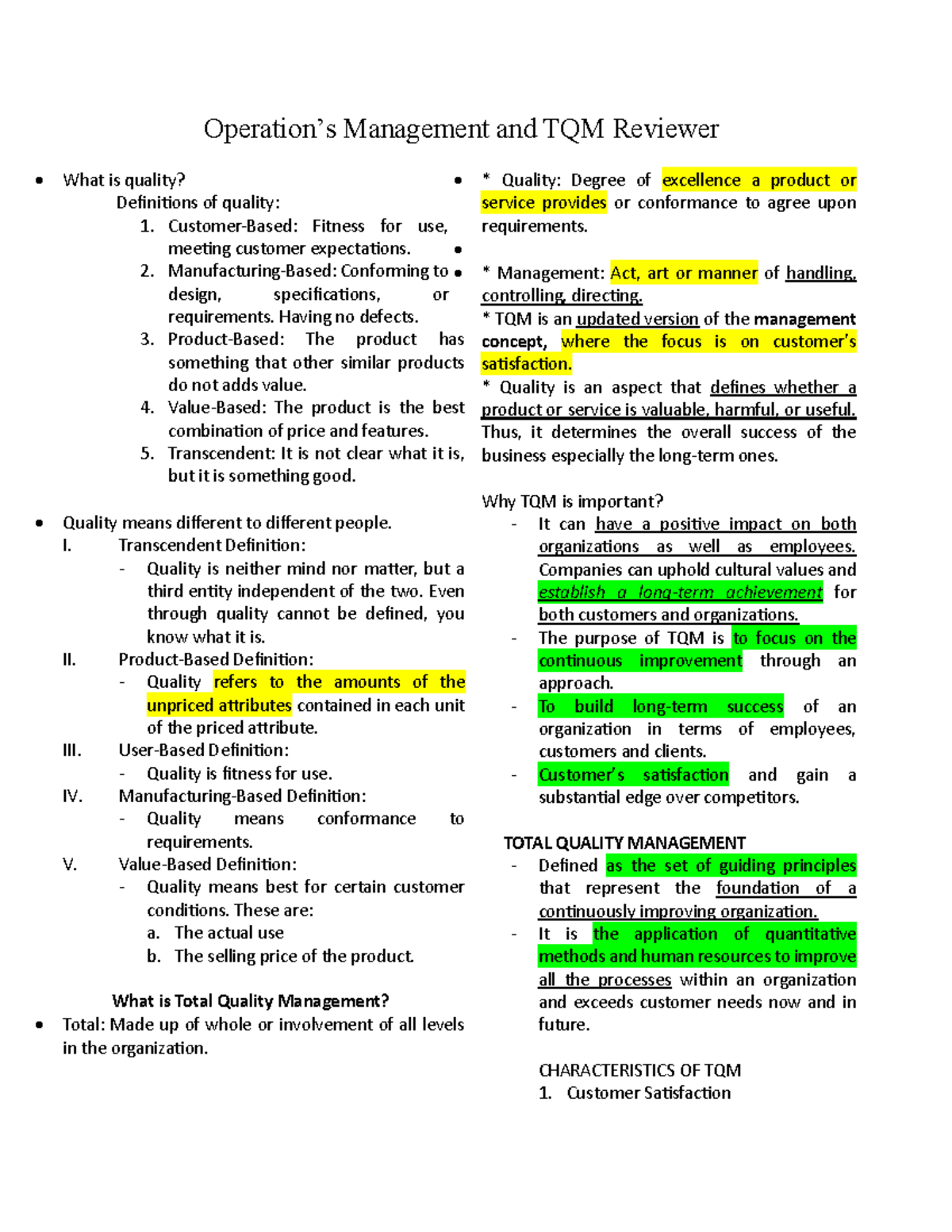 Operatios management reviewer - Operation’s Management and TQM Reviewer ...