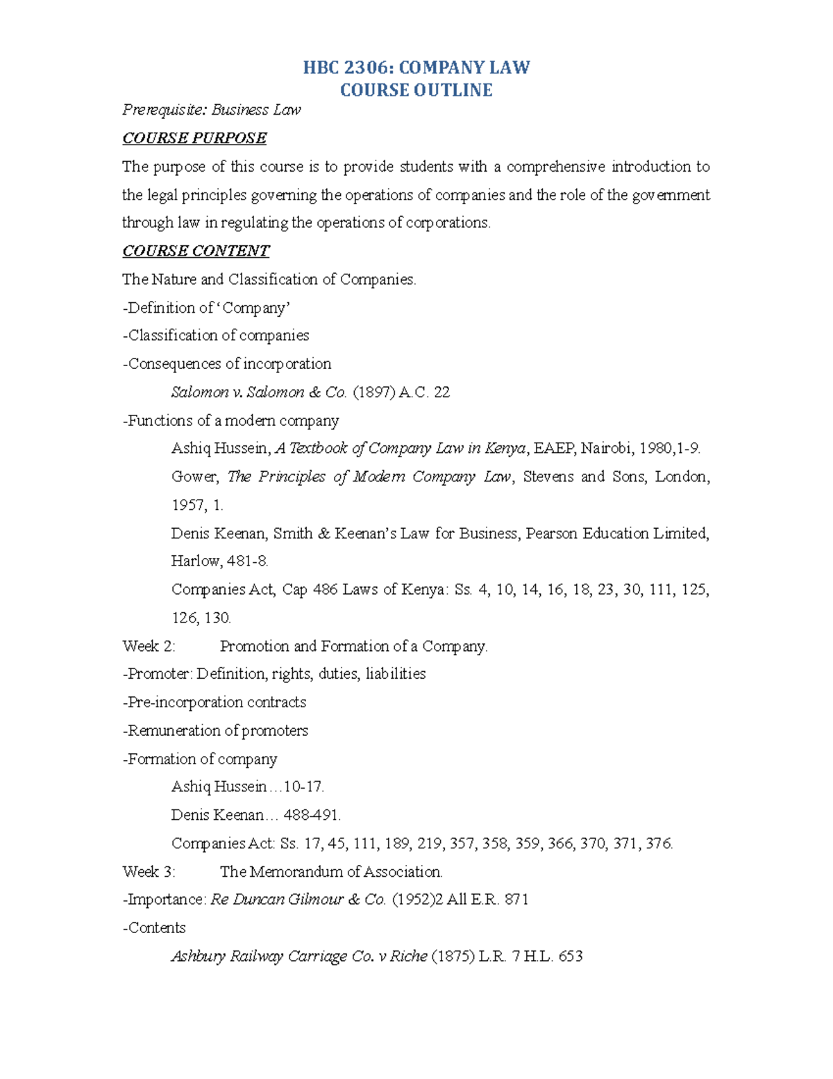 Company LAW WORD - HBC 2306: COMPANY LAW COURSE OUTLINE Prerequisite ...