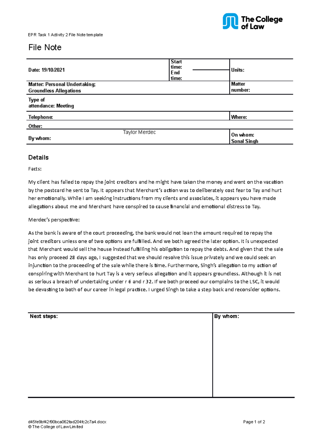 EPR T1 A2 file note template Allstates 2017 01 20 - EPR Task 1 Activity ...