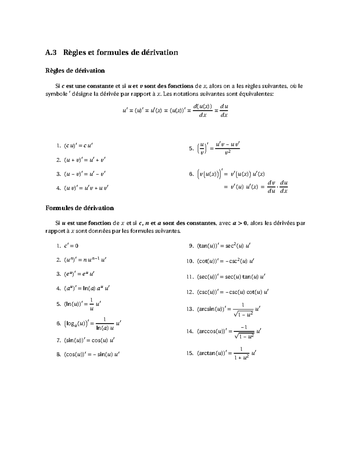 Table Derivees MAT 145-2017 - d x ≡ d u d x ( c u ) ′ = c u ′ ( u + v ...