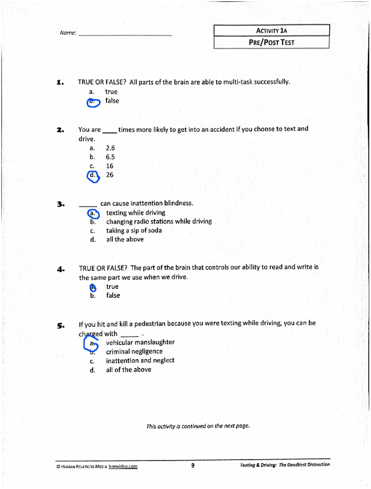 Texting And Driving Questions - Name: ACTIVITY 1A TEST 1. TRUE OR FALSE ...