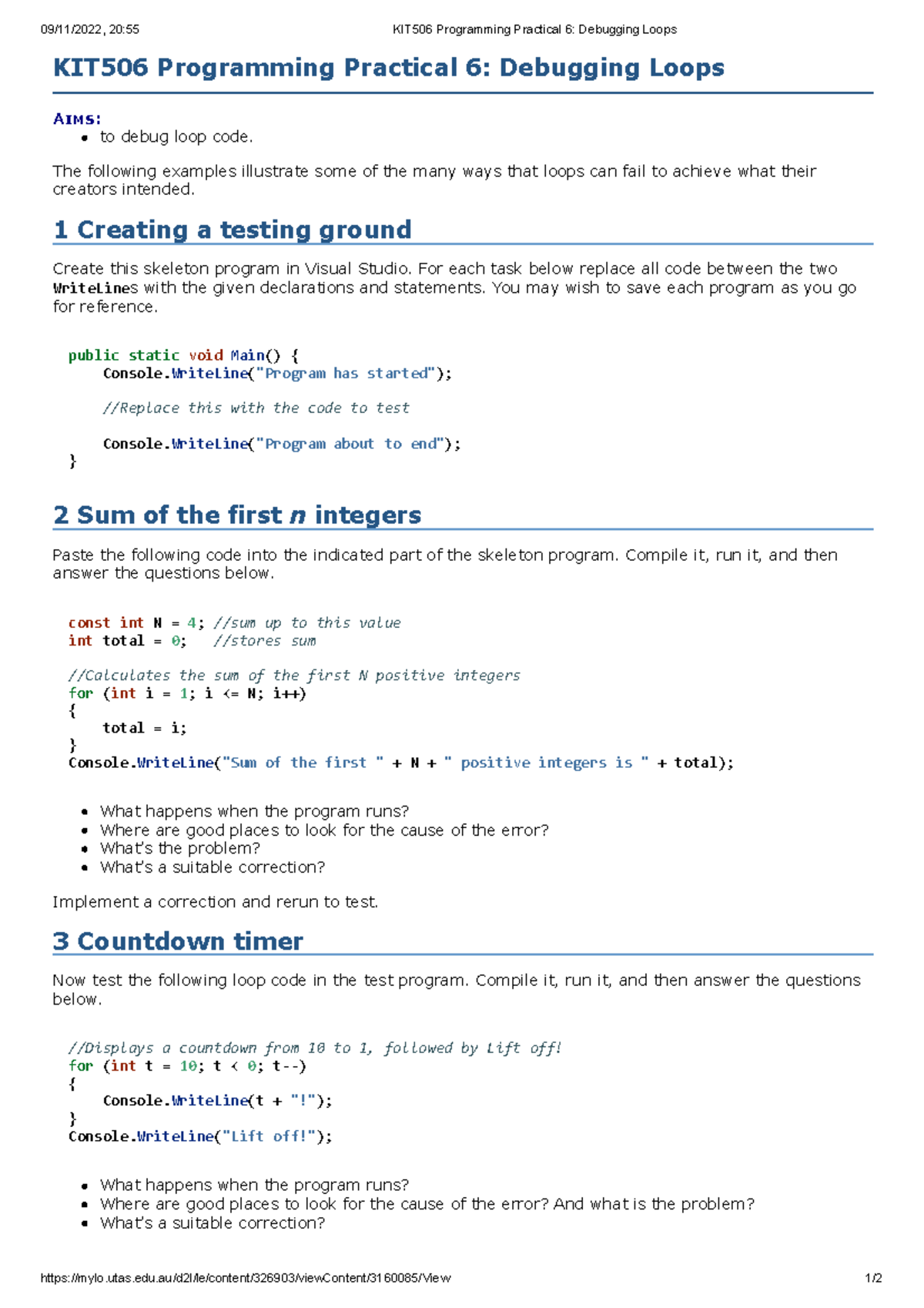 6 Debugging loops (week 7) - KIT206 KIT506 Software Design and Development and Software ...