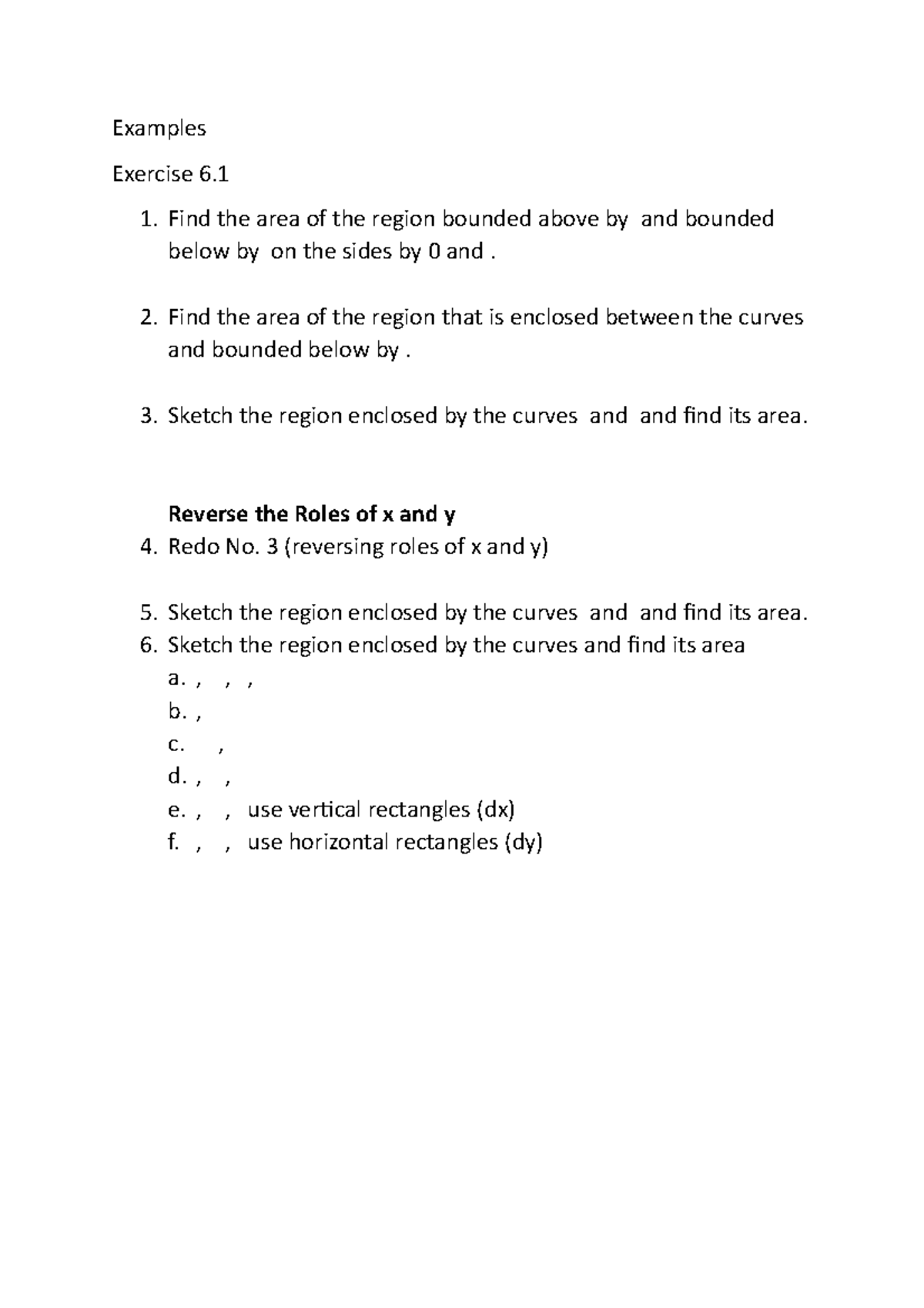 Examples Math141 lecture - Examples Exercise 6. Find the area of the ...