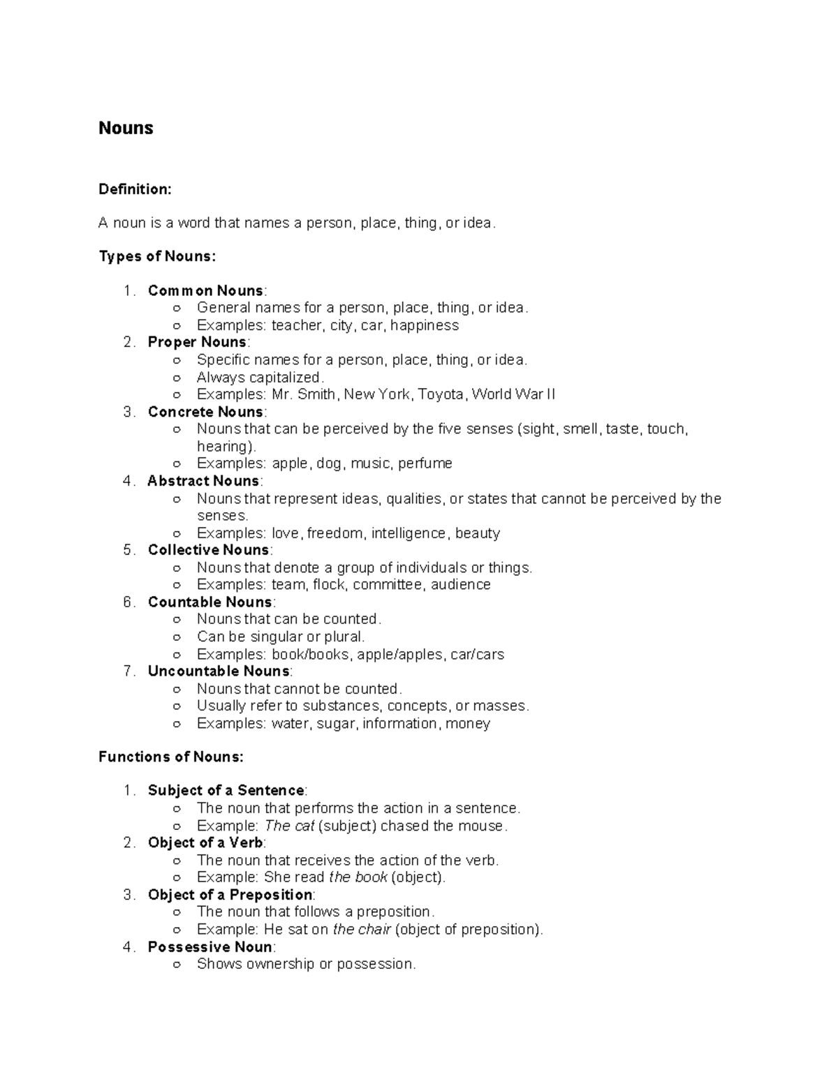 Notes 1 - Nouns Definition: A noun is a word that names a person, place ...