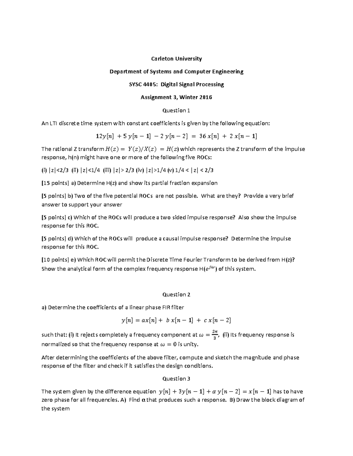 Assignment 3Questions - Carleton University Department of Systems and Computer Engineering SYSC ...