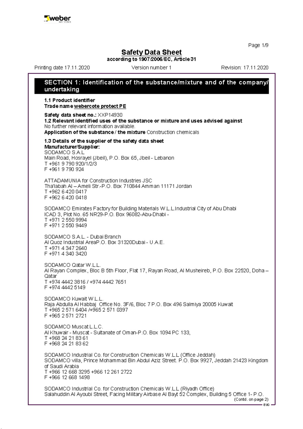 SDS webercote protect PE - Safety Data Sheet according to 1907/2006/EC ...