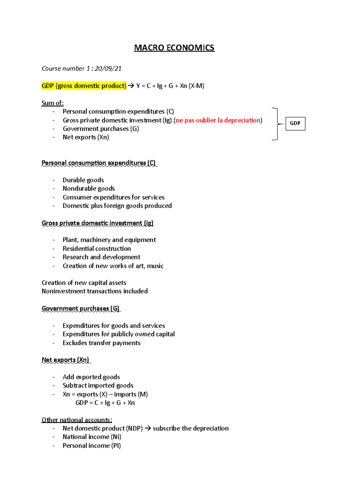 Economics - MACRO ECONOMICS Course number 1 : 20/09/ GDP (gross ...