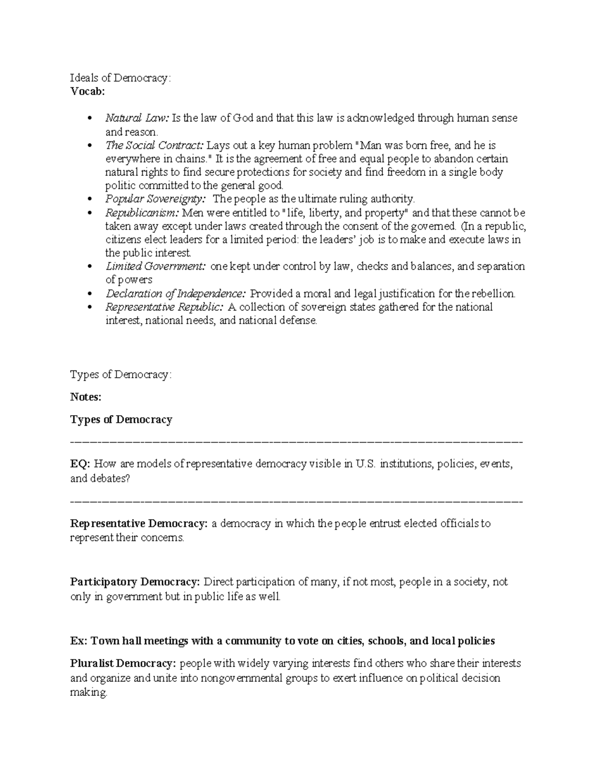 AP GOV POL Notes - Ideals of Democracy: Vocab: Natural Law: Is the law ...