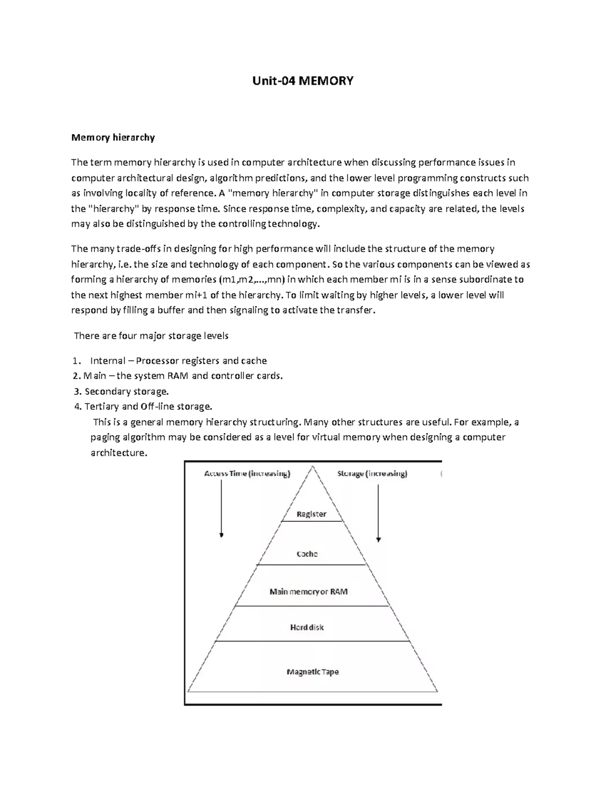 COA U4 - Notes for COA Aktu Unit 4 - Unit-04 MEMORY Memory hierarchy ...