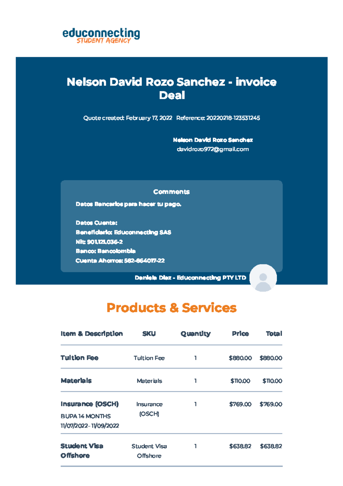 Nelson David Rozo Sanchez - invoice Deal - Nelson David Rozo Sanchez ...