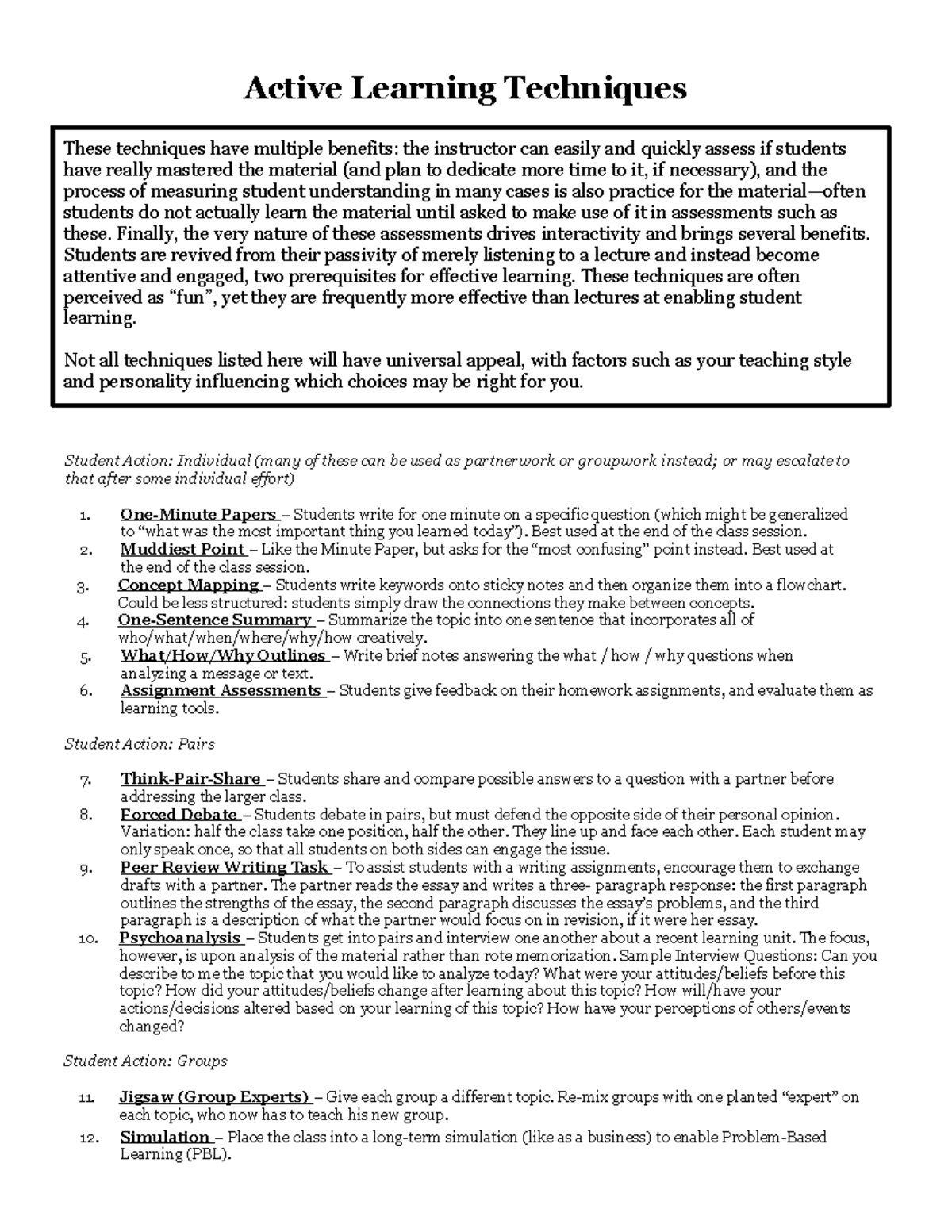 Active Learning 25Tips - Active Learning Techniques These techniques have multiple benefits: the ...