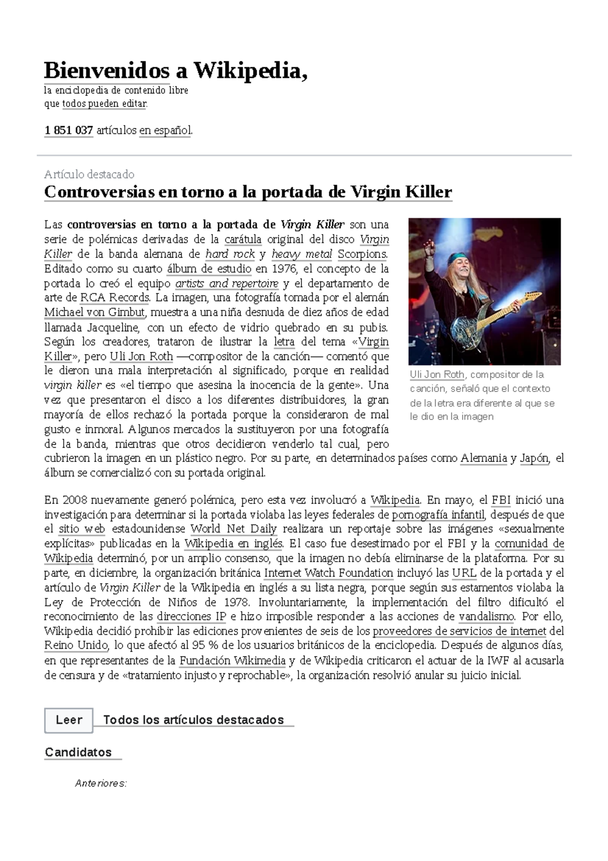 Wikipedia Portada - DERECHO - Uli Jon Roth, compositor de la canción ...