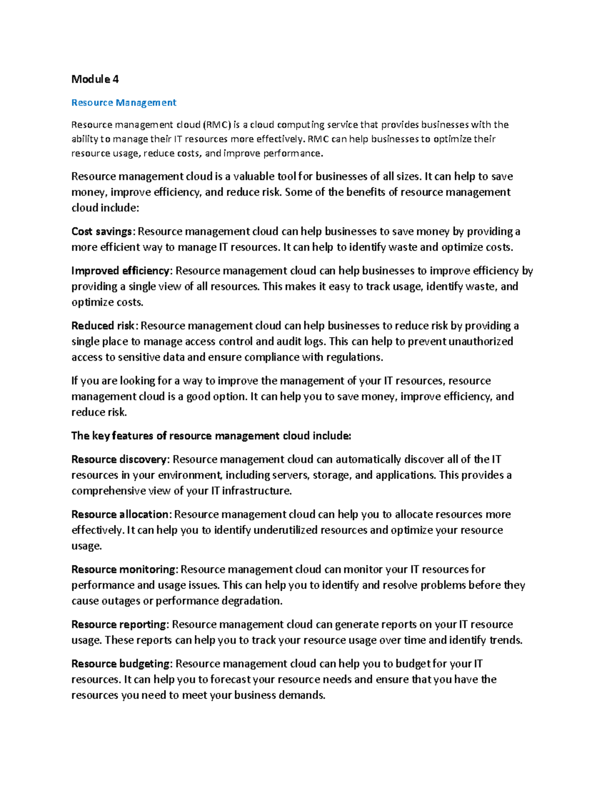 Module -4 Resource Management - Module 4 Resource Management Resource management cloud (RMC) is ...
